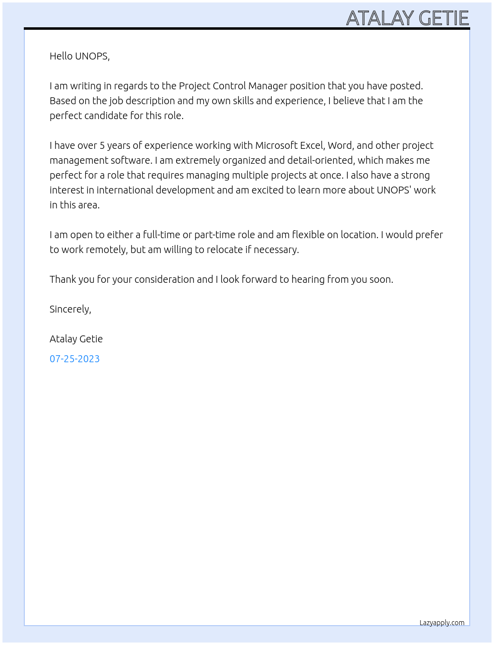 Cover letter for project control manager - LazyApply