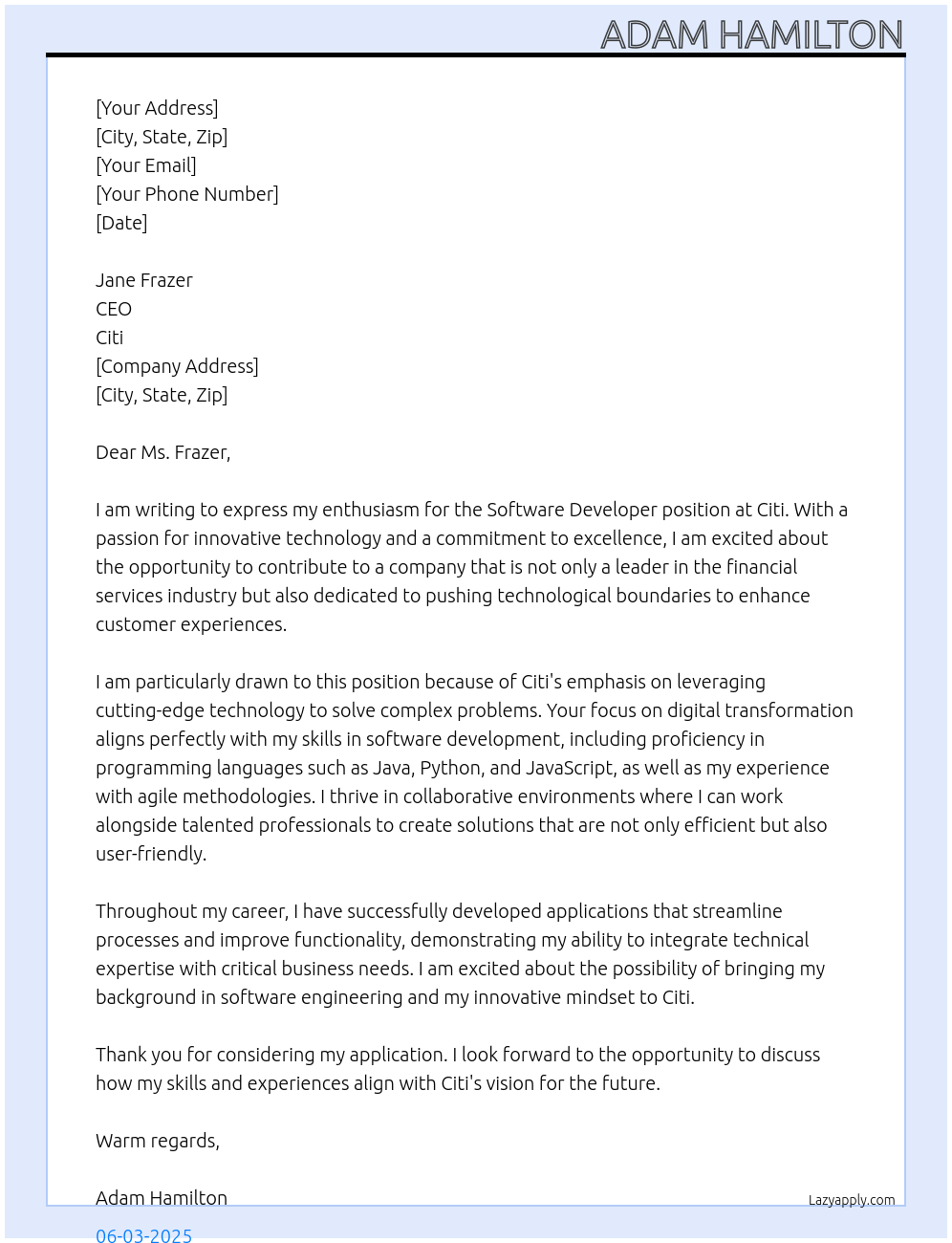 Cover letter for citi - LazyApply