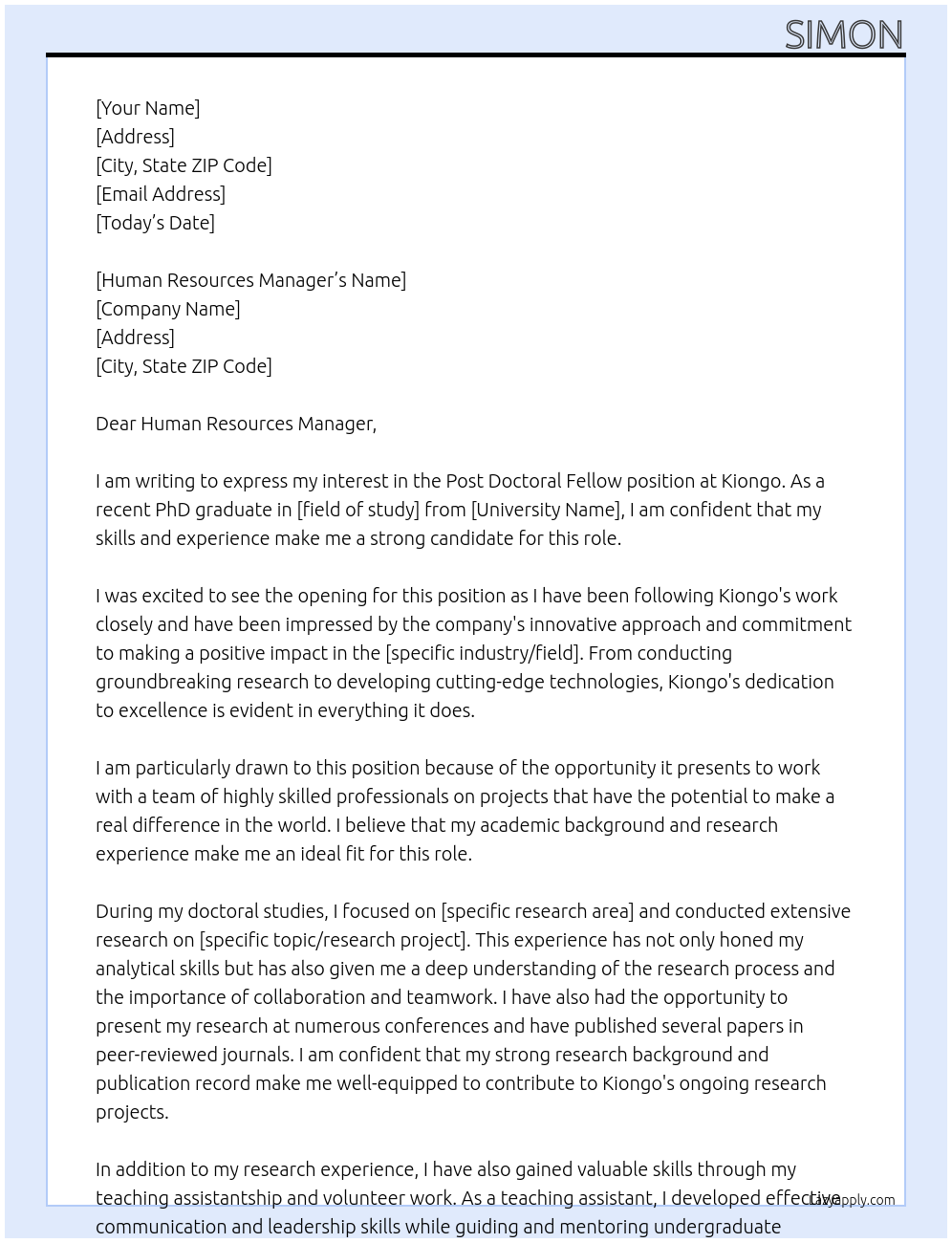 Cover letter for post doctoral fellow - LazyApply