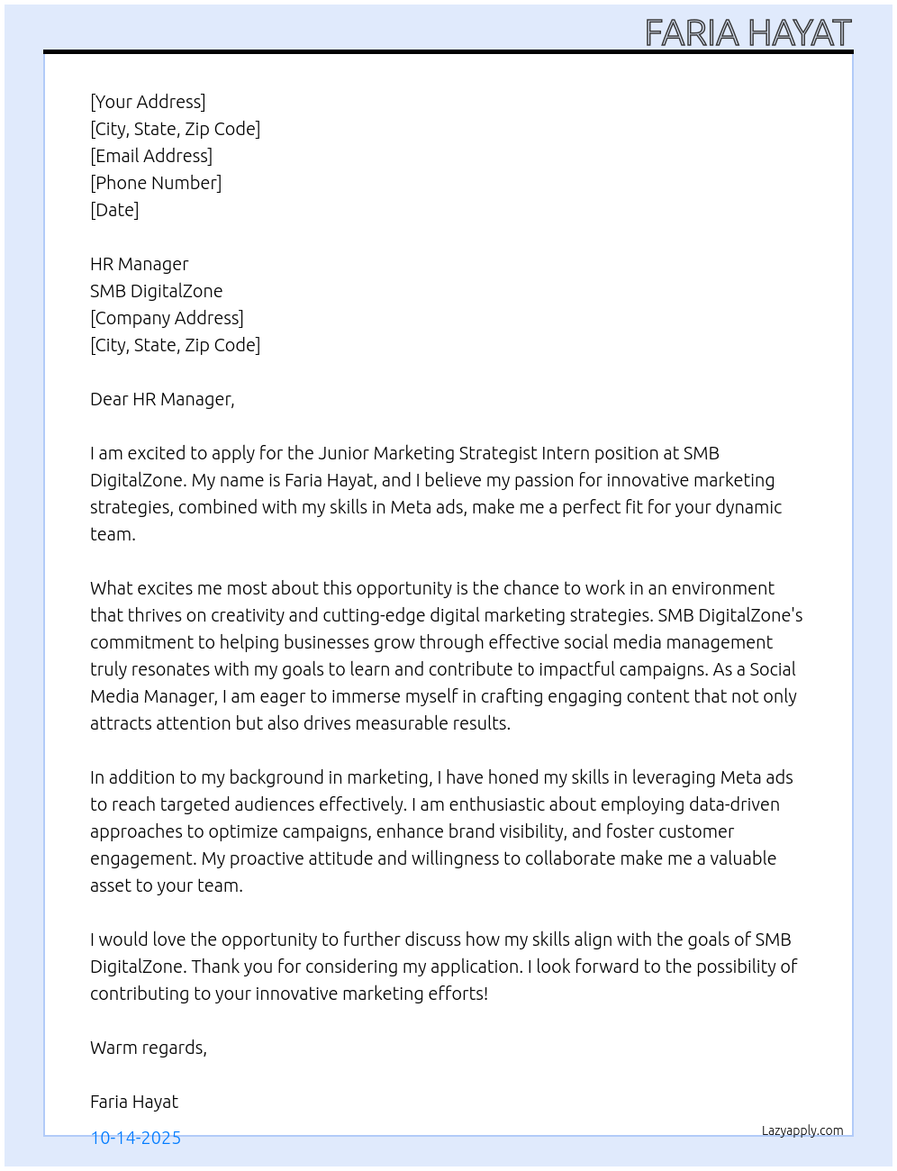 Cover letter for junior marketing strategiest intern - LazyApply