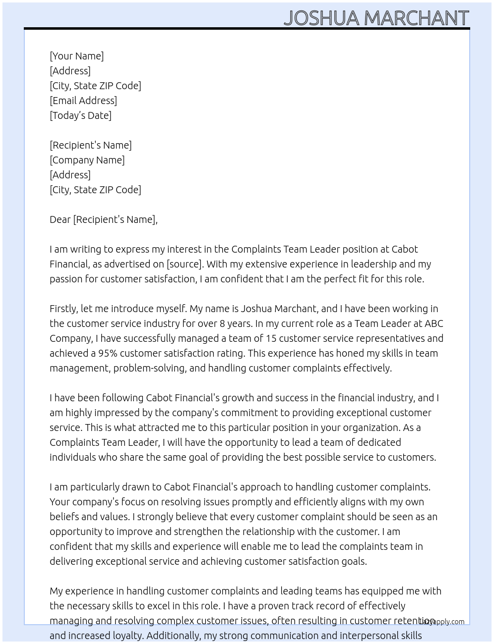 Cover letter for complaints team leader - LazyApply