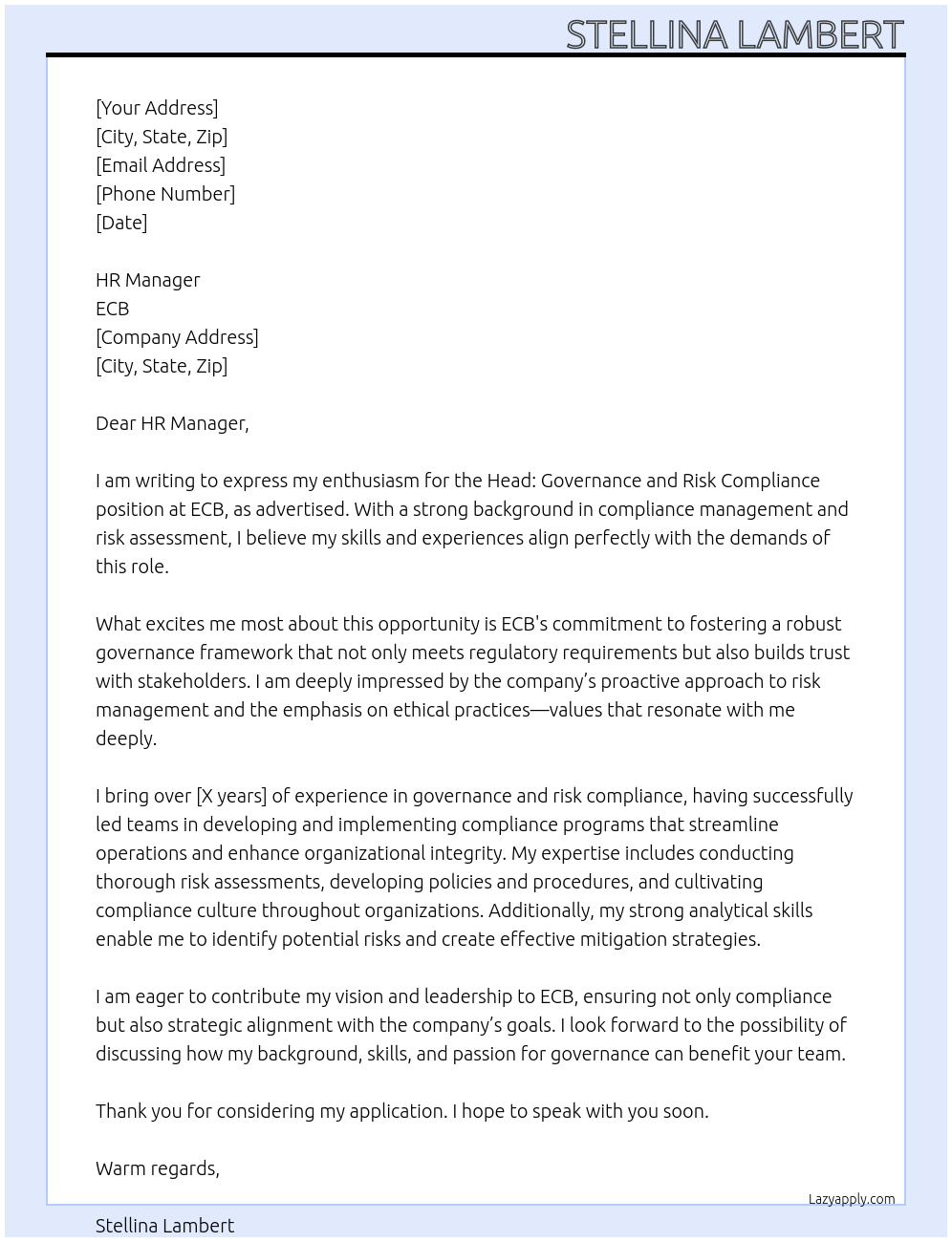 Cover letter for head: governance and risk compliance - LazyApply