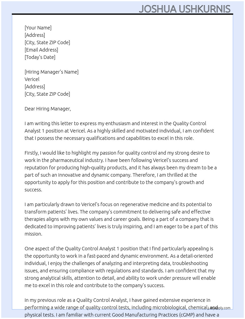 Cover letter for quality control analyst 1 - LazyApply