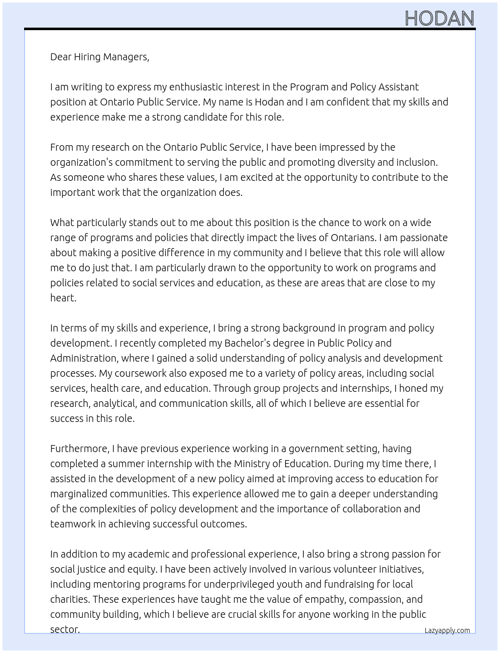 Cover letter for program and policy assistant - LazyApply