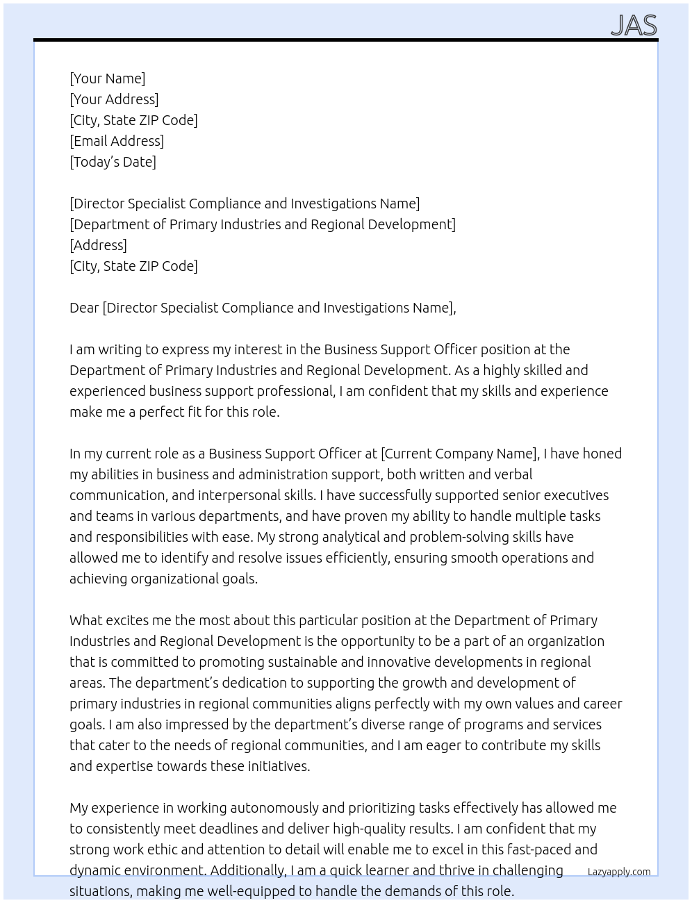 Cover letter for business support officer - LazyApply