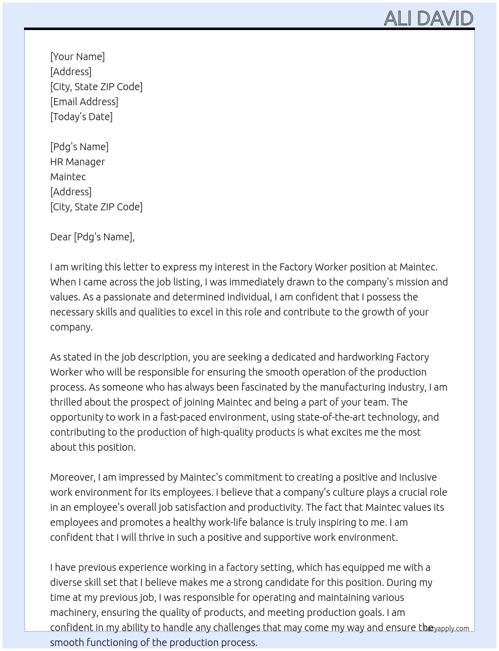 Cover letter for factory worker - LazyApply
