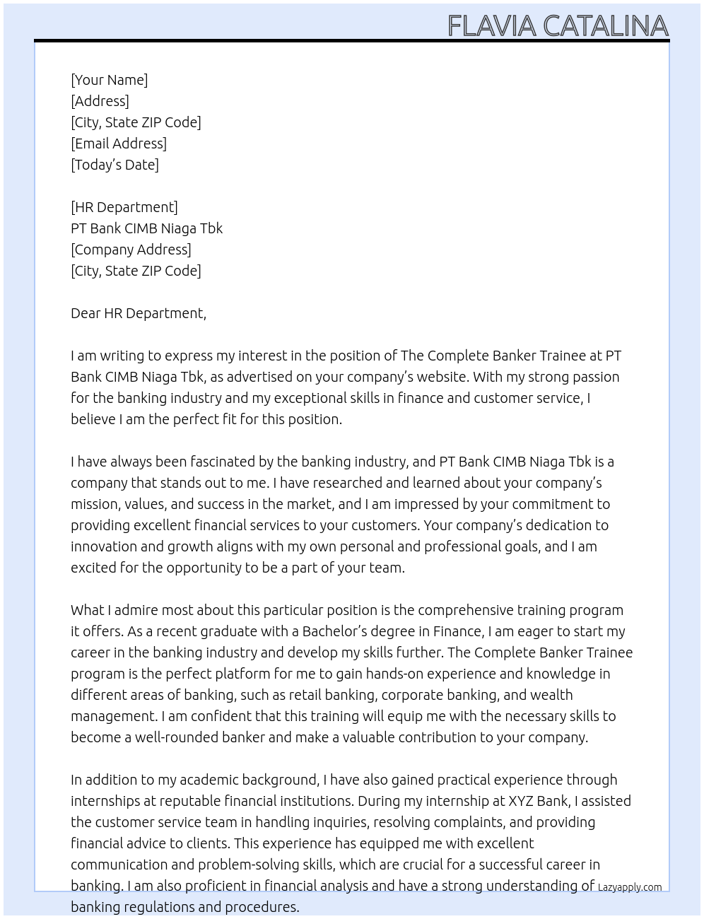 Cover letter for the complete banker trainee - LazyApply