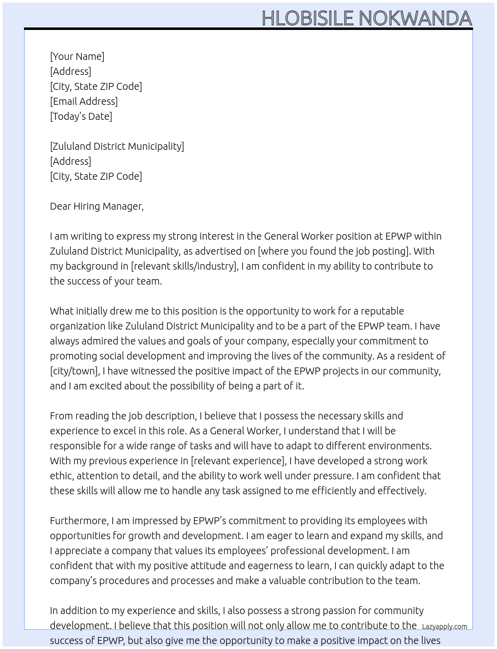 Cover letter for general worker - LazyApply