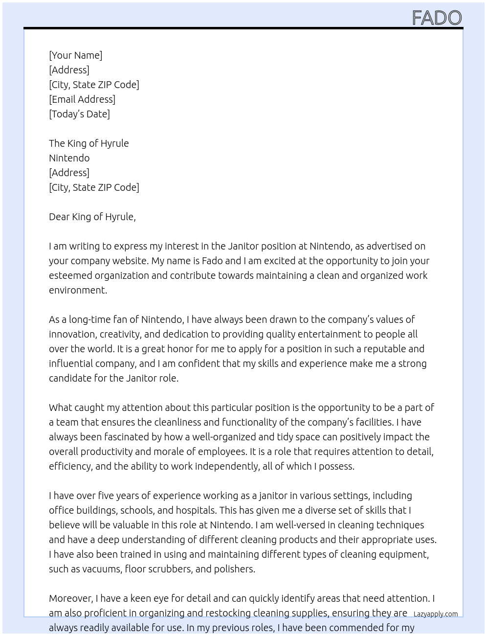 Cover letter for janitor - LazyApply