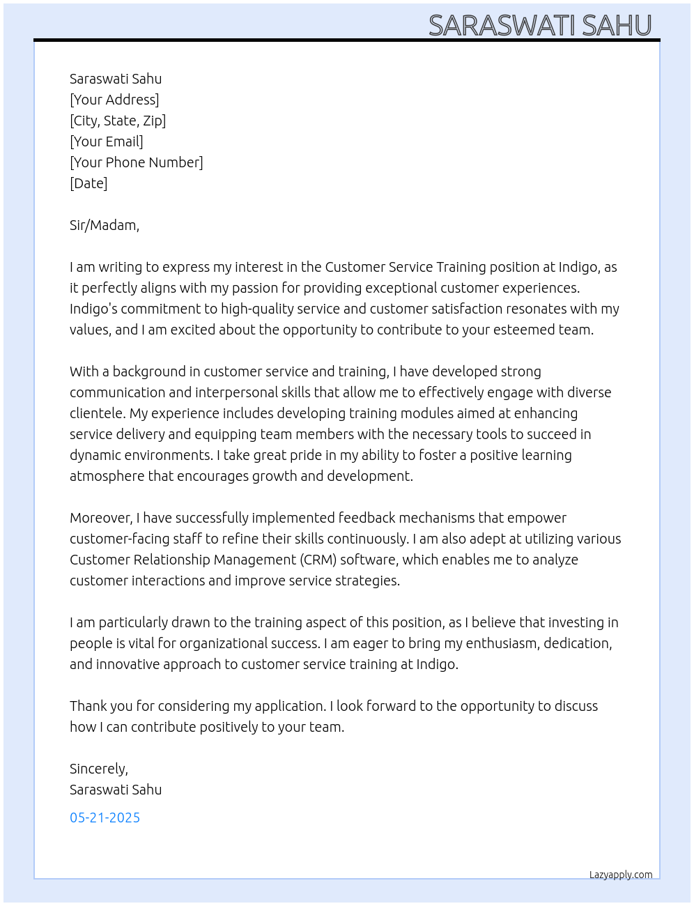 Cover letter for customer service training - LazyApply