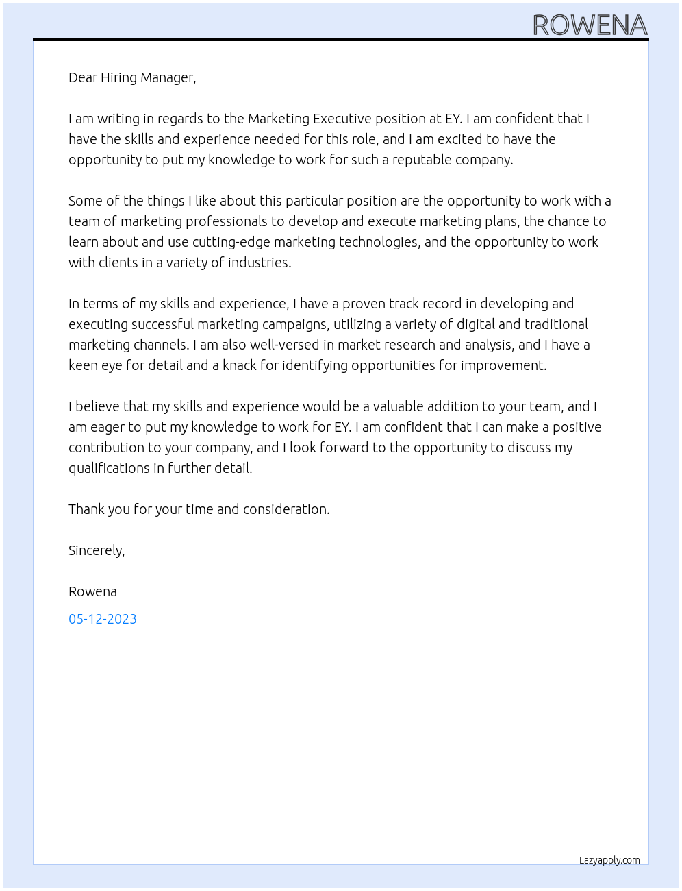 Cover letter for marketing executive - LazyApply