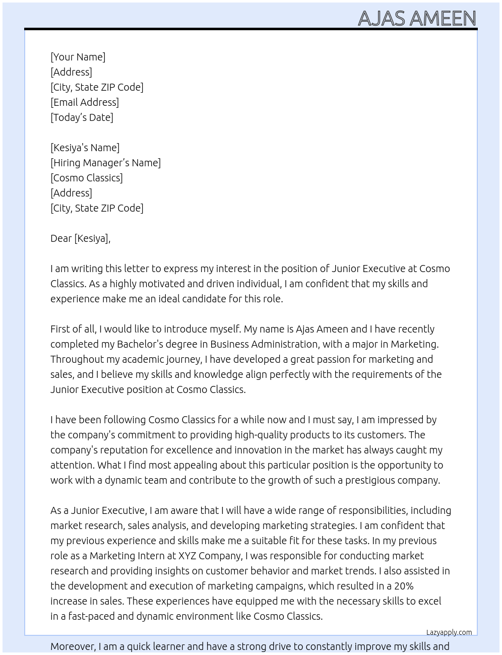 Cover letter for junior executive - LazyApply