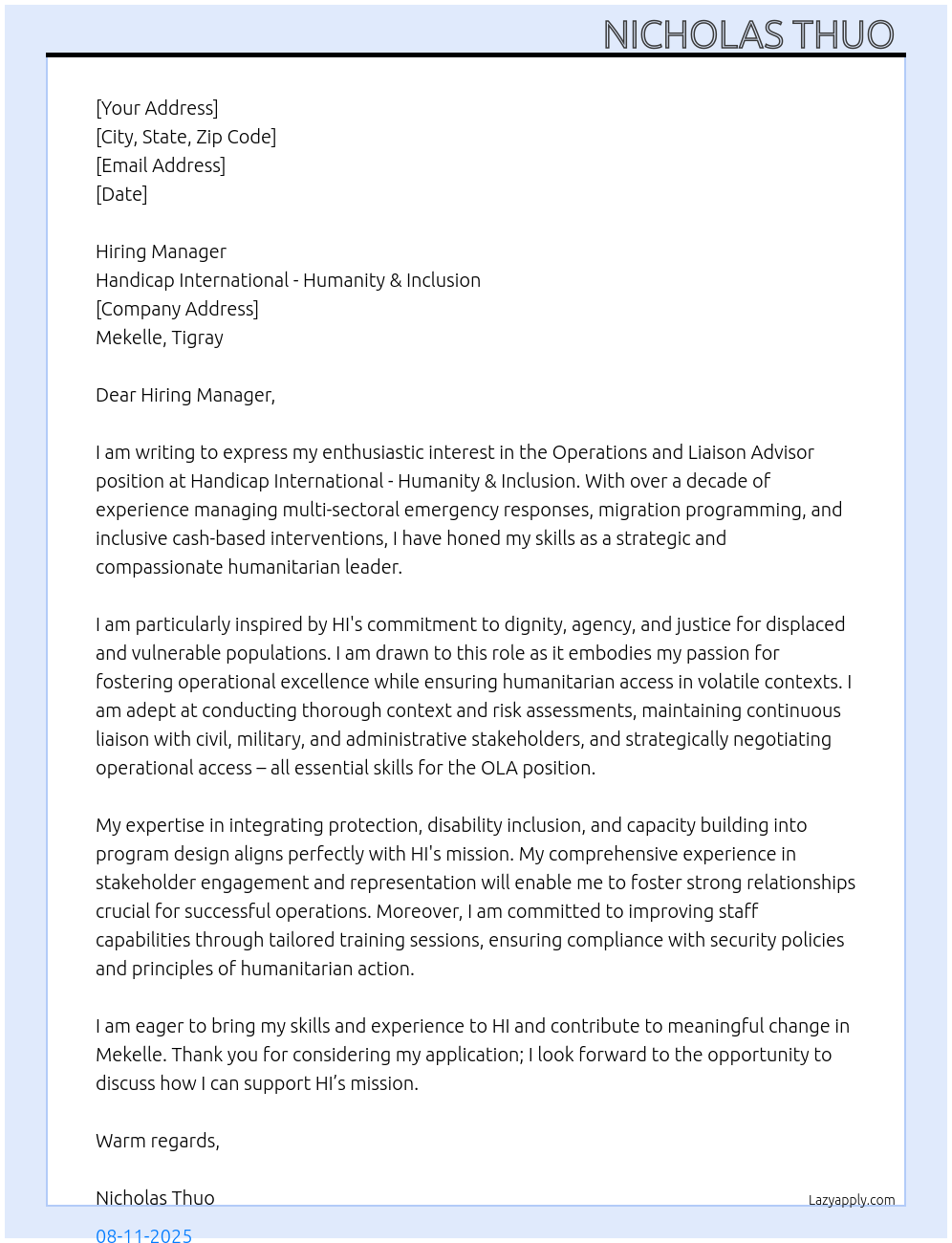 Cover letter for operations and liaison advisor - ola - LazyApply