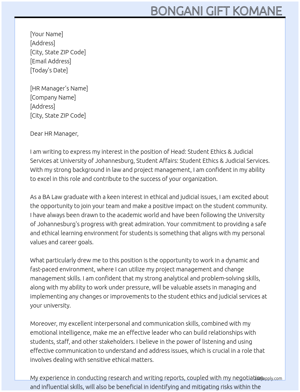 Cover letter for head: student ethics & judicial services - LazyApply