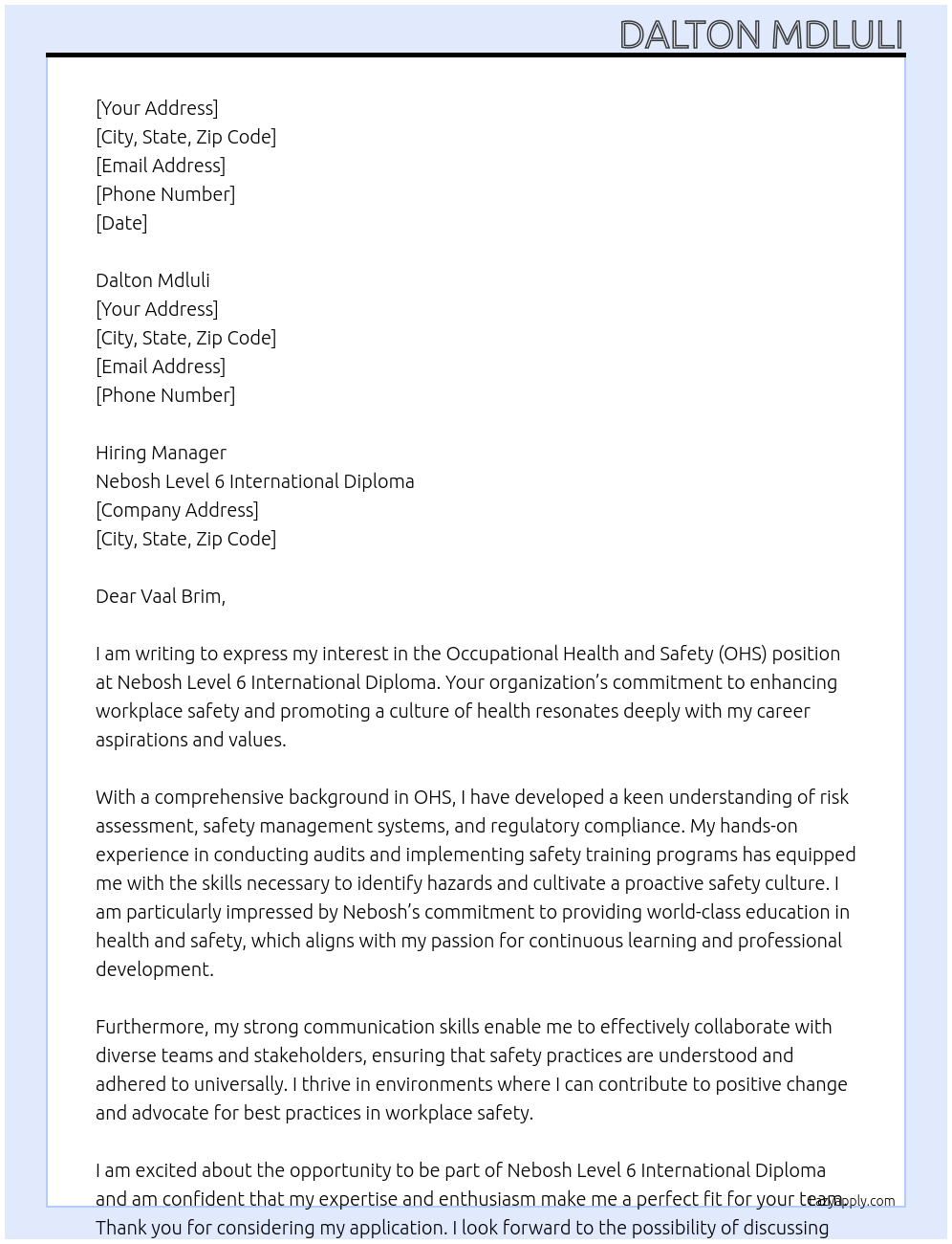 Cover letter for ohs - LazyApply