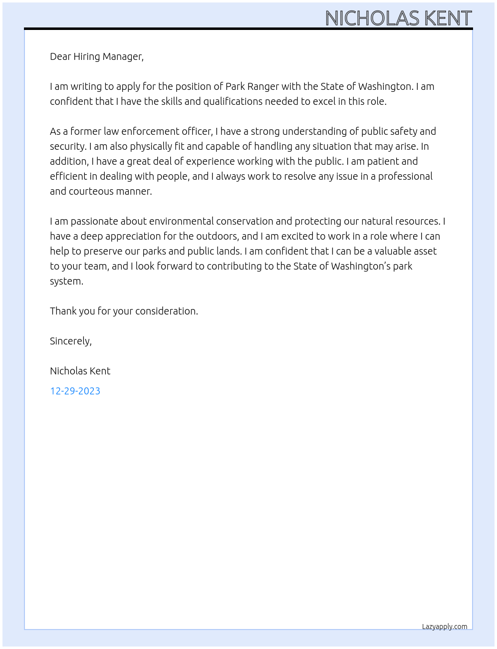 Cover letter for park ranger - LazyApply