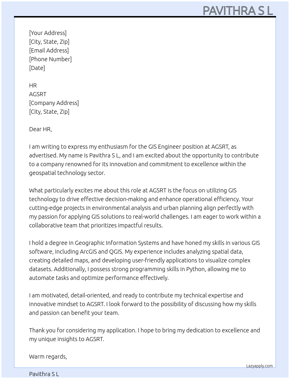 Cover letter for gis engnieer - LazyApply