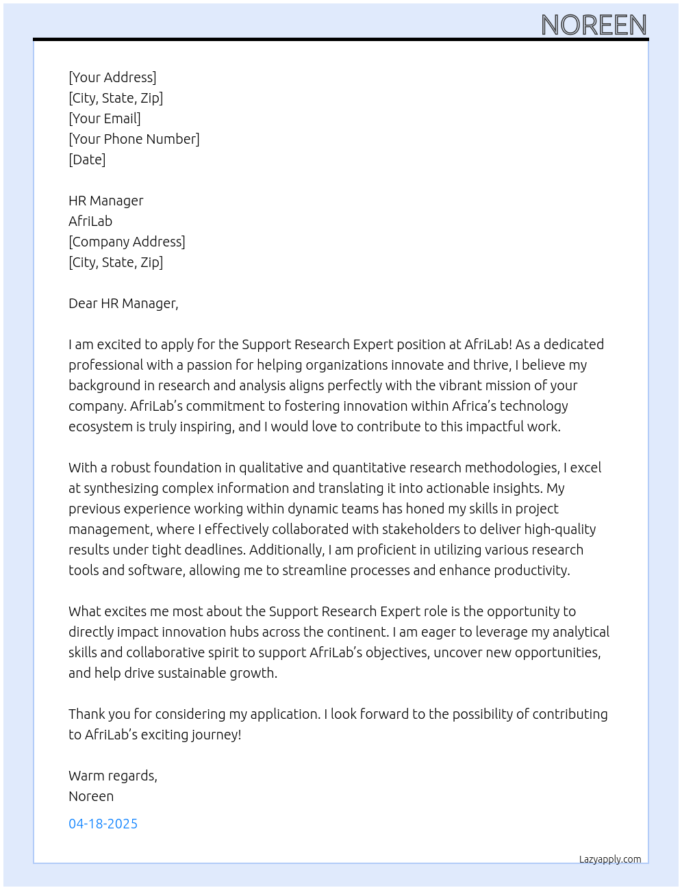 Cover letter for support research expert - LazyApply