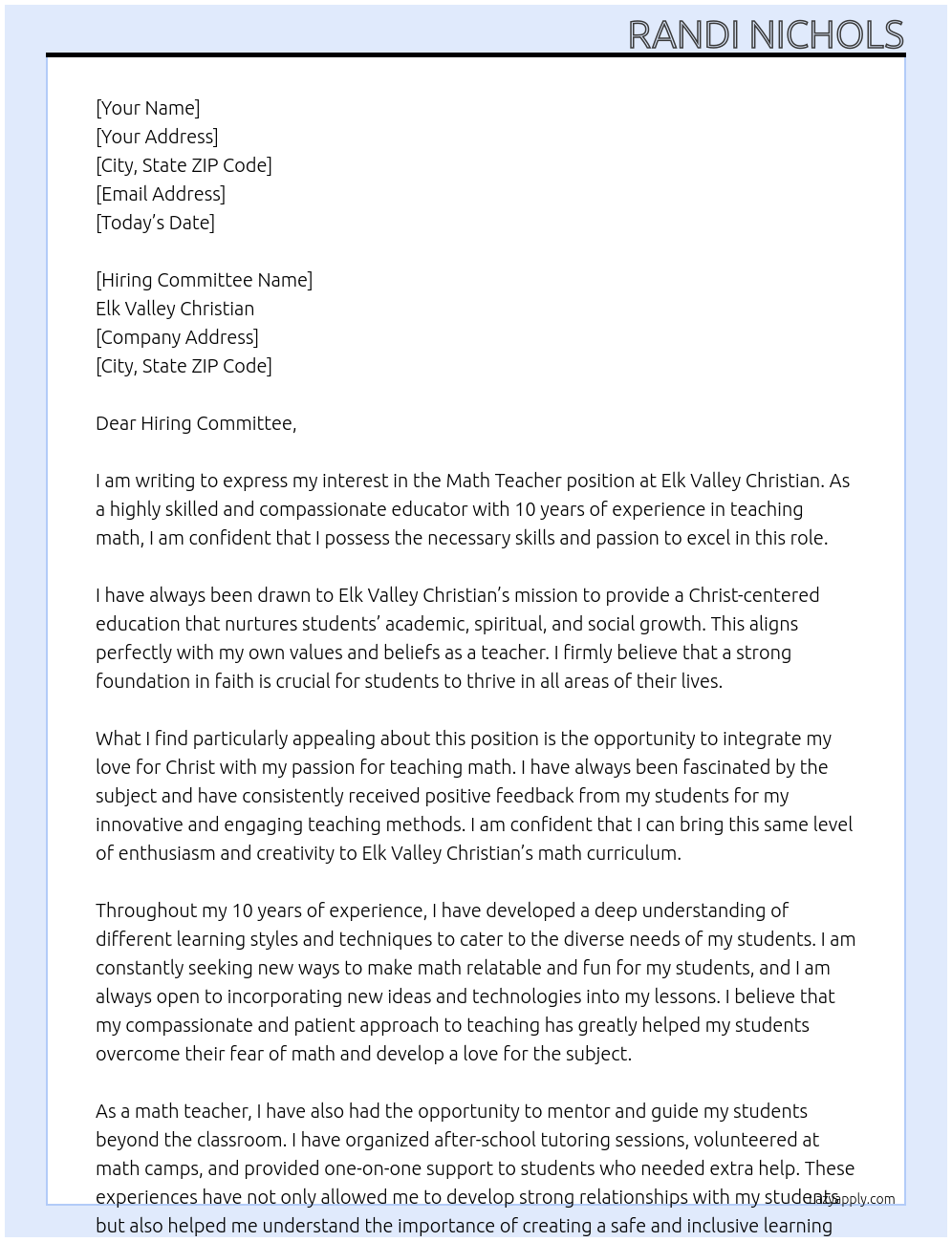 Cover letter for math teacher - LazyApply
