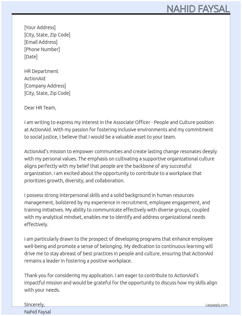 Cover letter for associate officer-people and culture - LazyApply