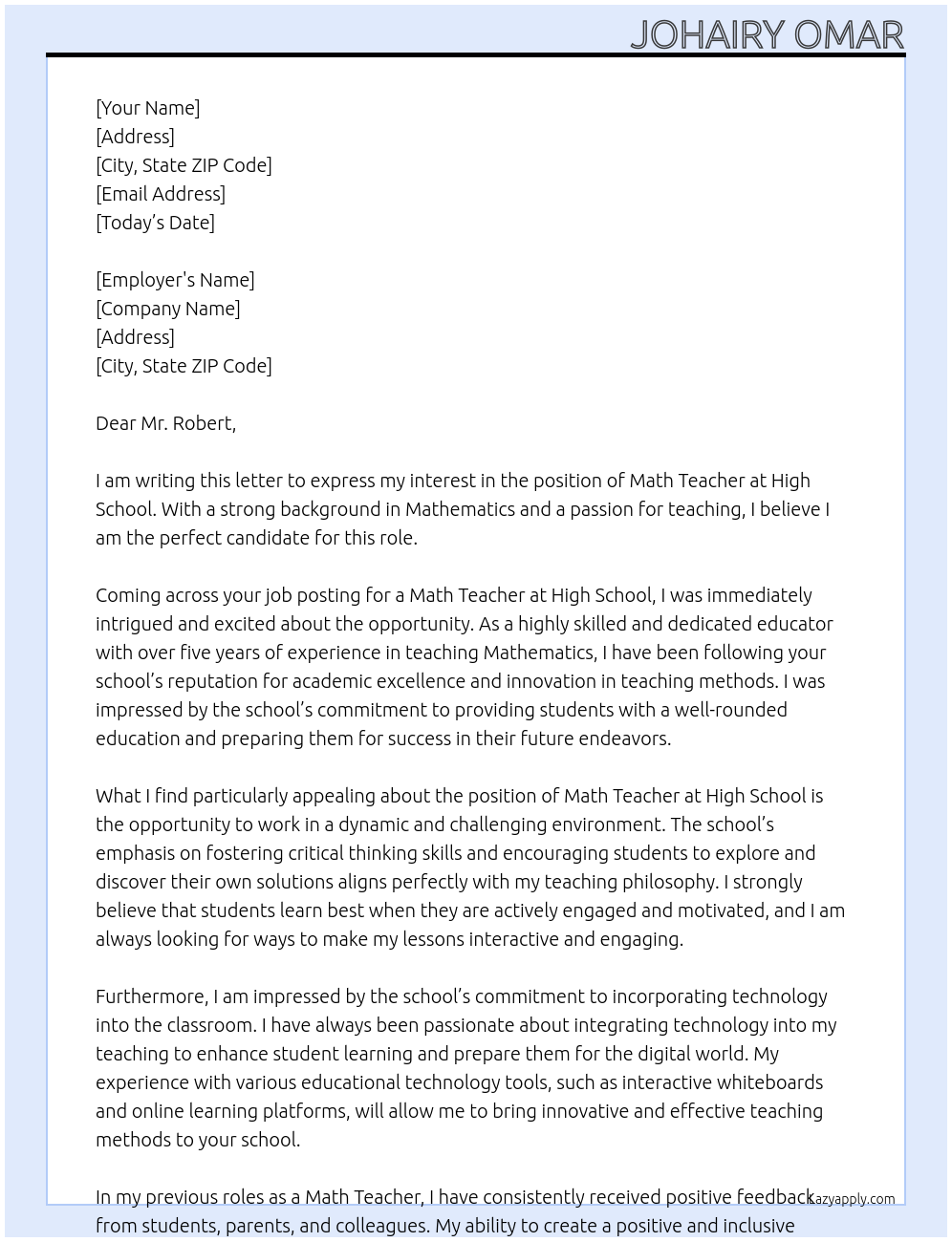 Cover letter for math teacher - LazyApply