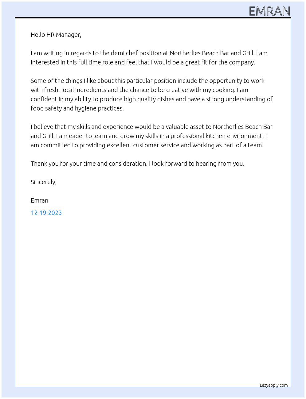 Cover letter for demi chef - LazyApply