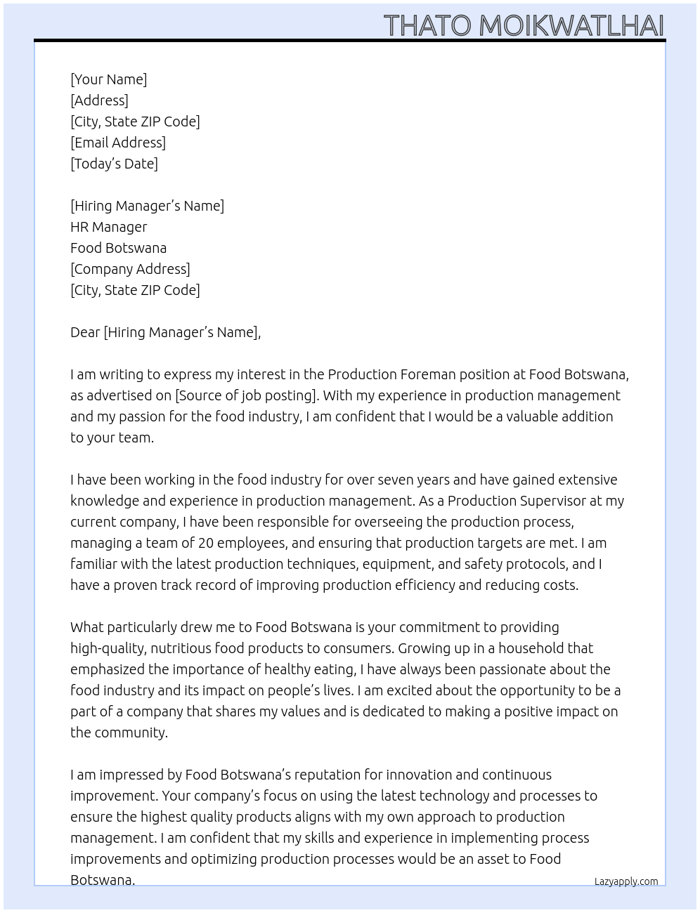 Cover letter for production foreman - LazyApply