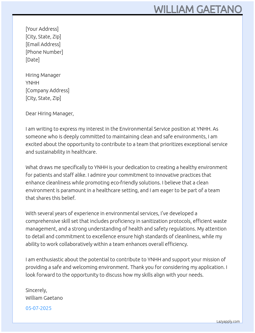 Cover letter for environmental service - LazyApply