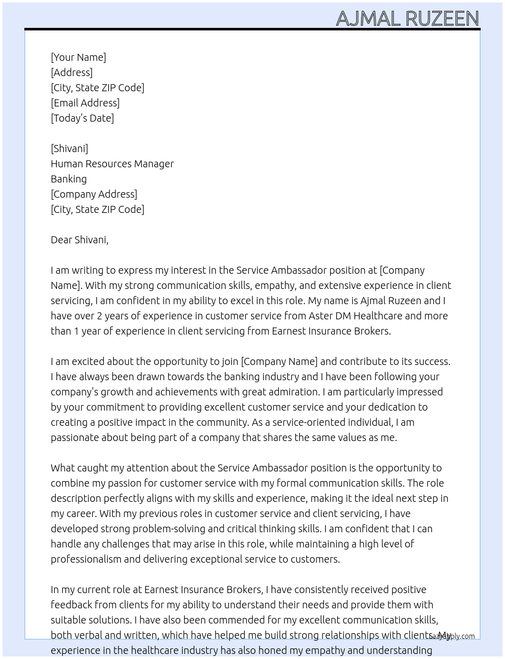 Cover letter for service ambassador - LazyApply