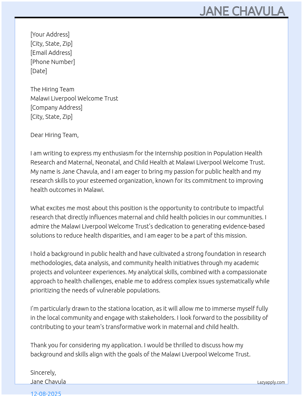 Cover letter for population health research and maternal, neonatal and ...