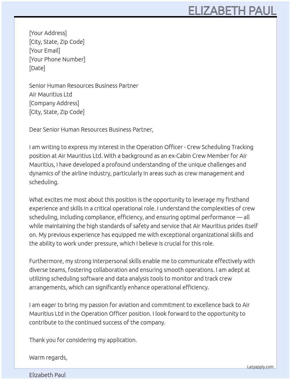 Cover letter for air mauritius ltd - LazyApply