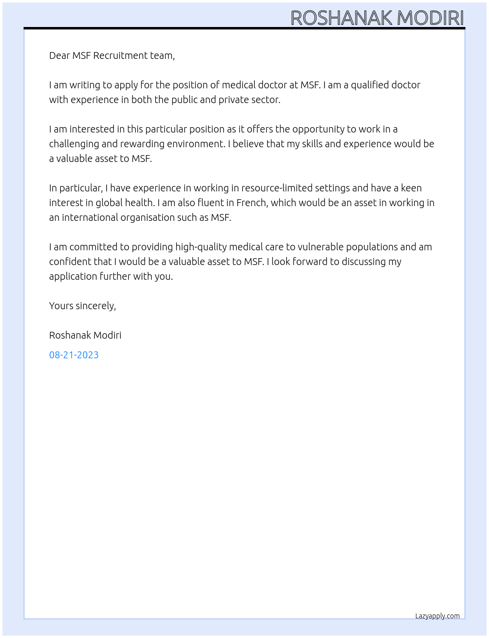 Cover letter for medical doctor - LazyApply
