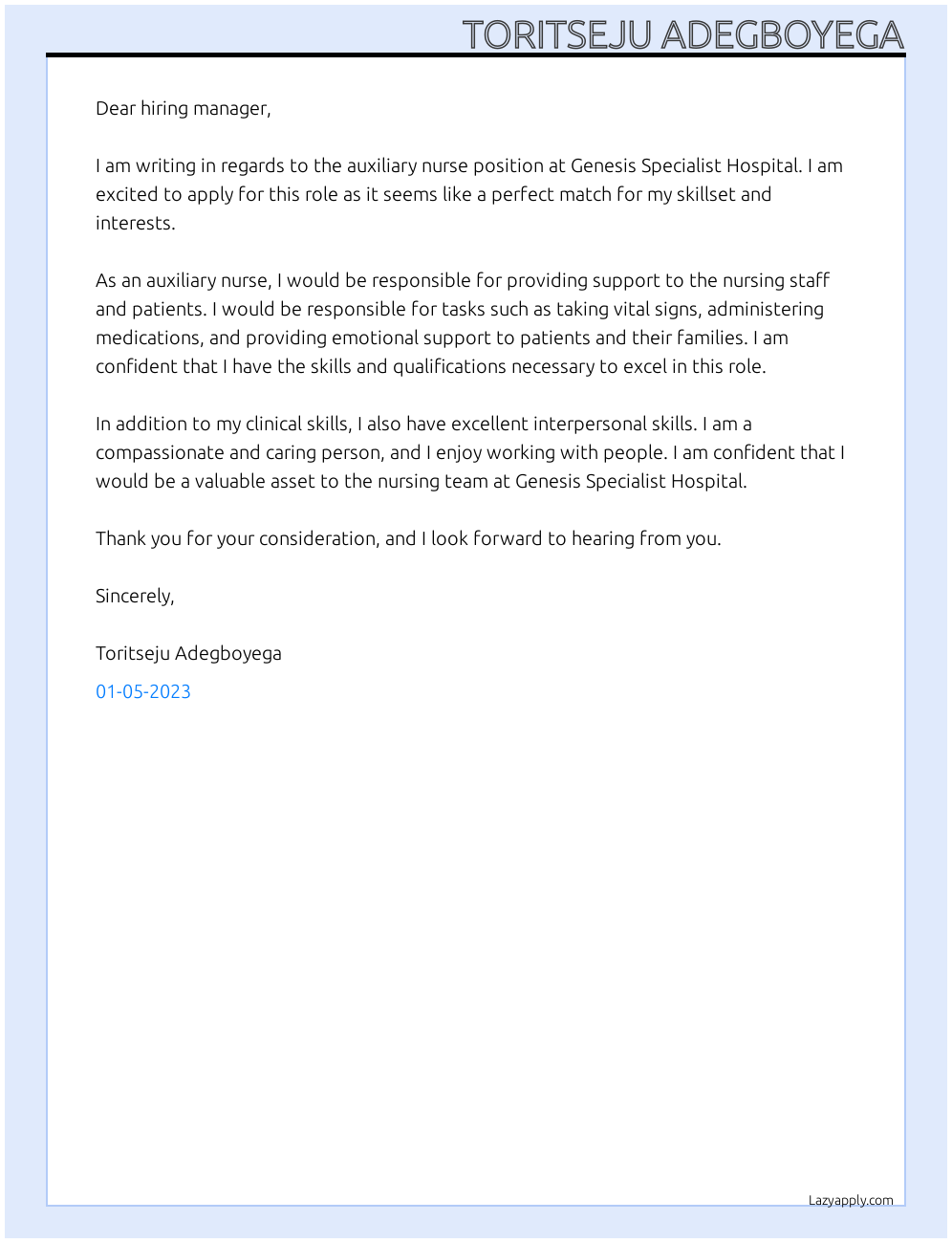 Cover Letter For Genesis Specailist Hospital LazyApply