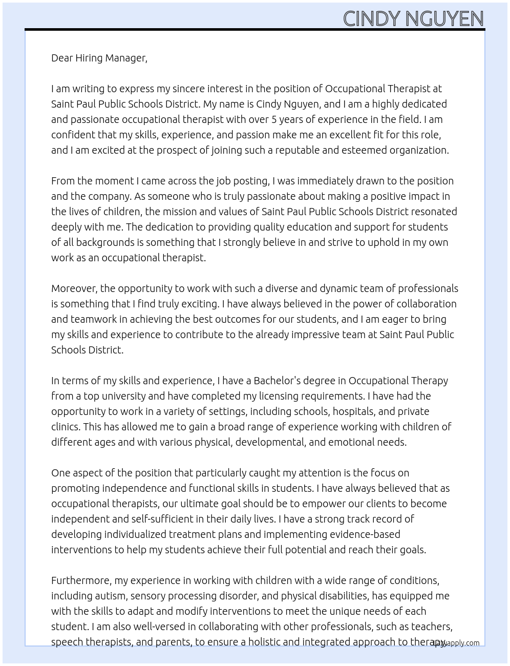 Cover letter for occupational therapist - LazyApply