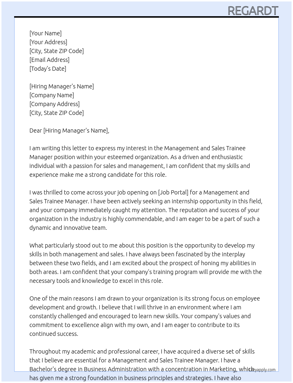Cover letter for management and sales trainee managers - LazyApply