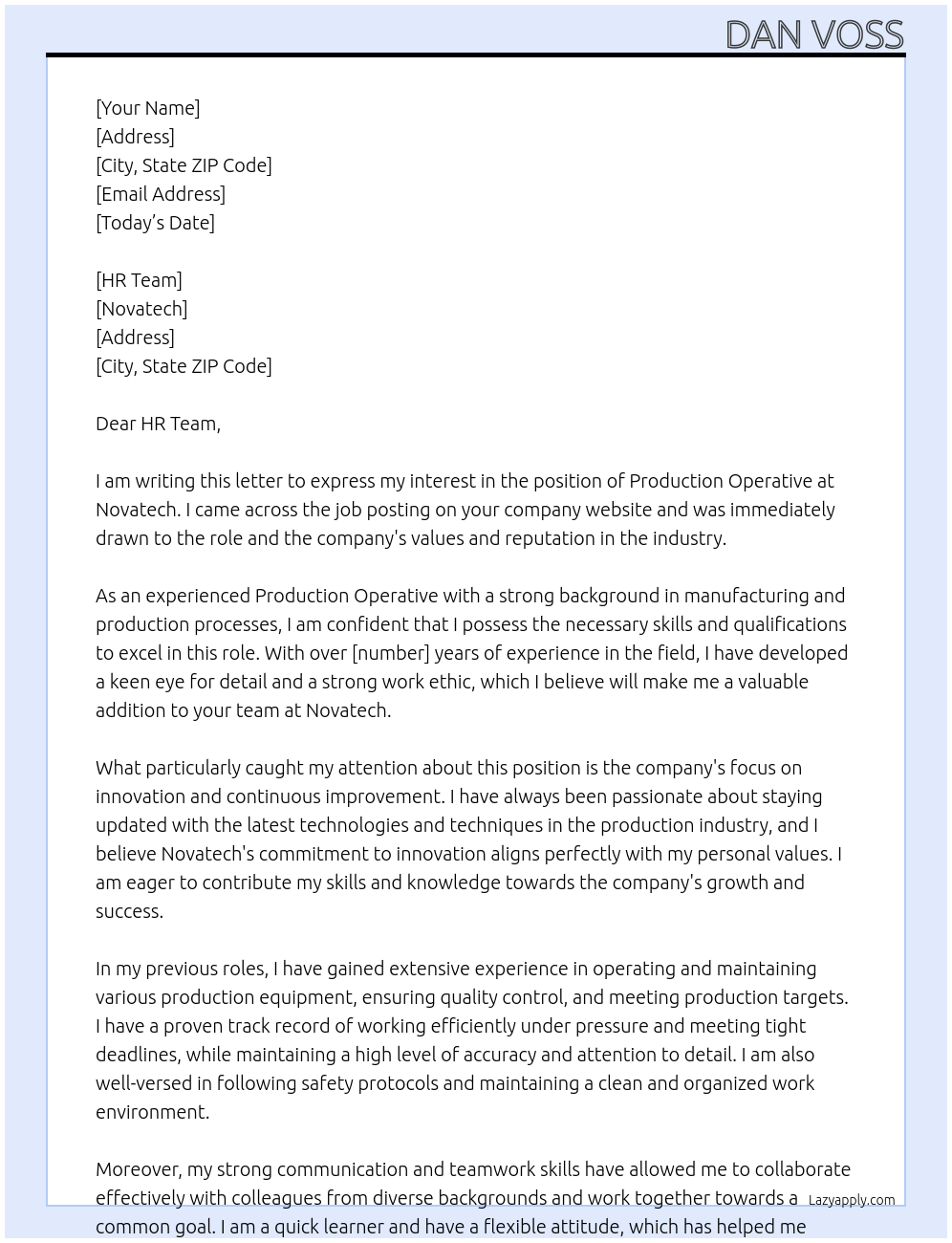 Cover letter for production operative - LazyApply