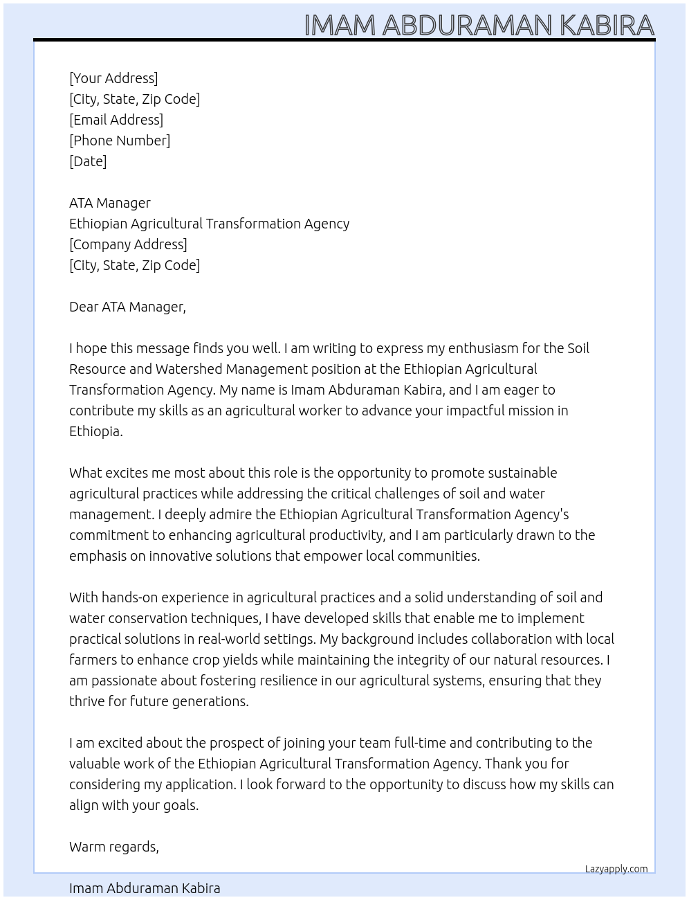 Cover letter for soil resource and watershed management - LazyApply
