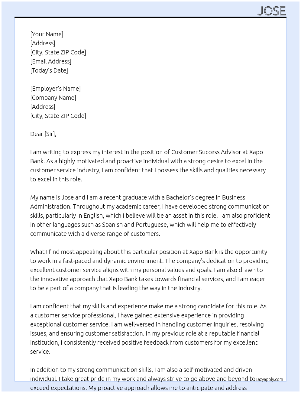 Cover letter for customer success advisor - LazyApply