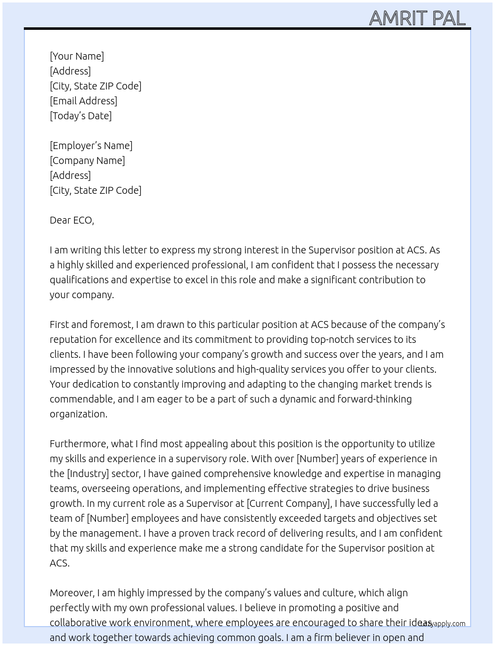 Cover letter for supervisor - LazyApply