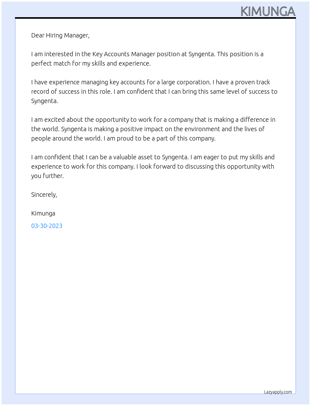 Cover letter for key accounts manager - LazyApply