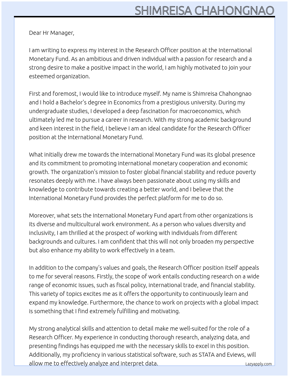 Cover letter for research officer - LazyApply