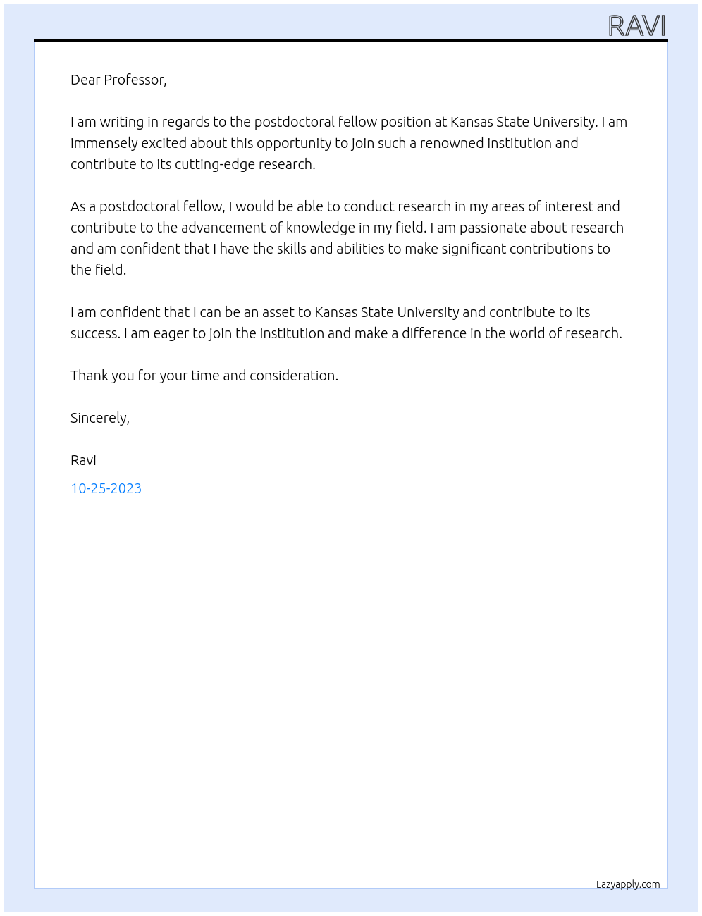 Cover letter for post doctoral fellow - LazyApply