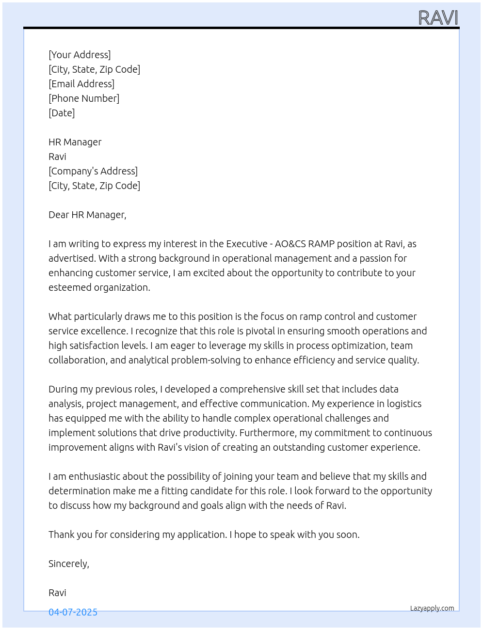 Cover letter for executive- ao&cs ramp hyd - LazyApply