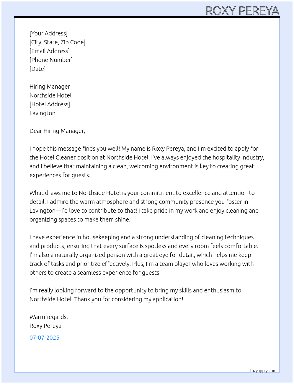 Cover letter for hotel cleaner - LazyApply