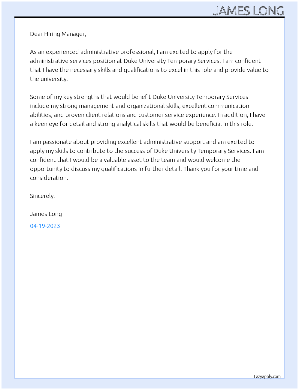 Cover letter for administrative services - LazyApply