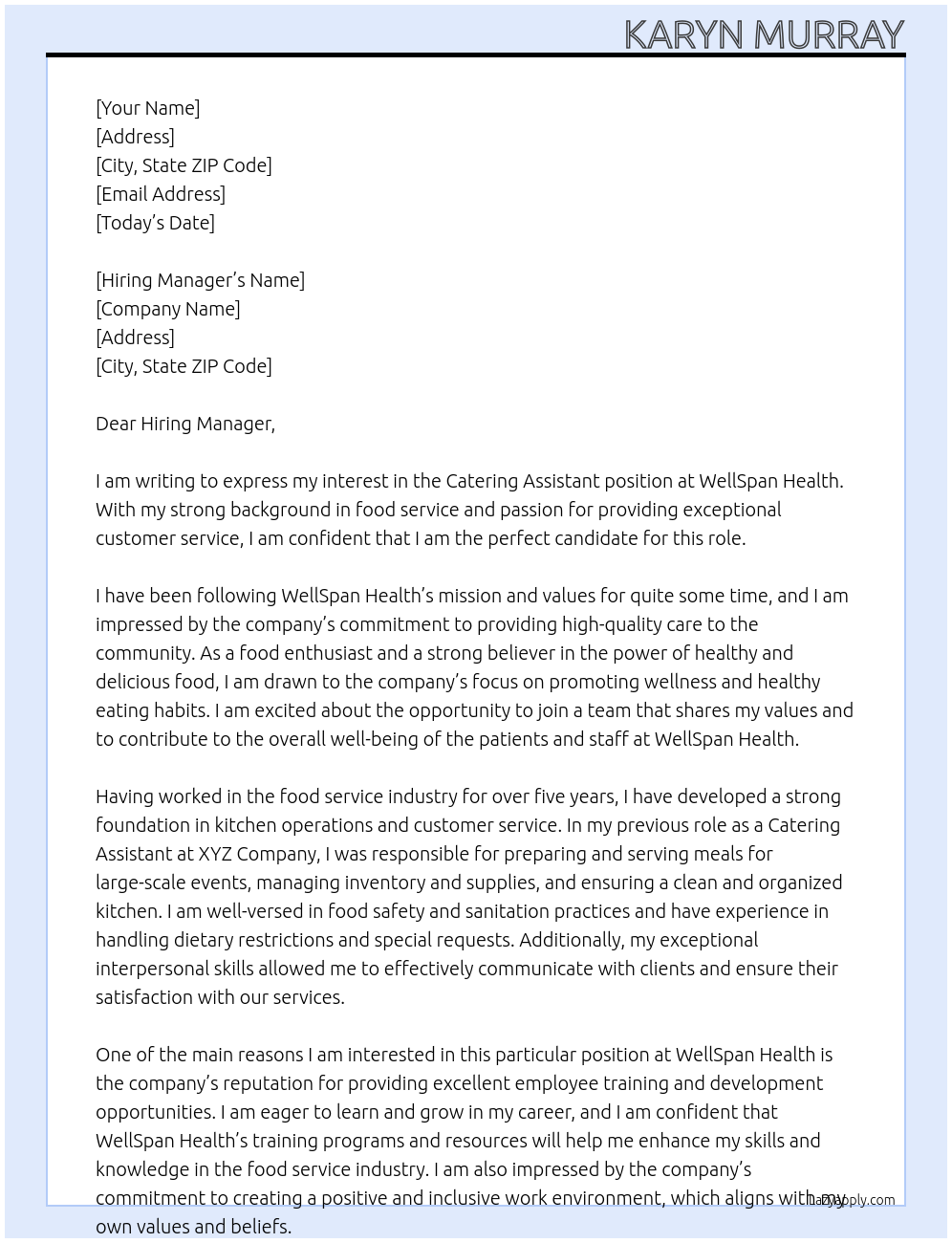 Cover letter for catering assistant - LazyApply