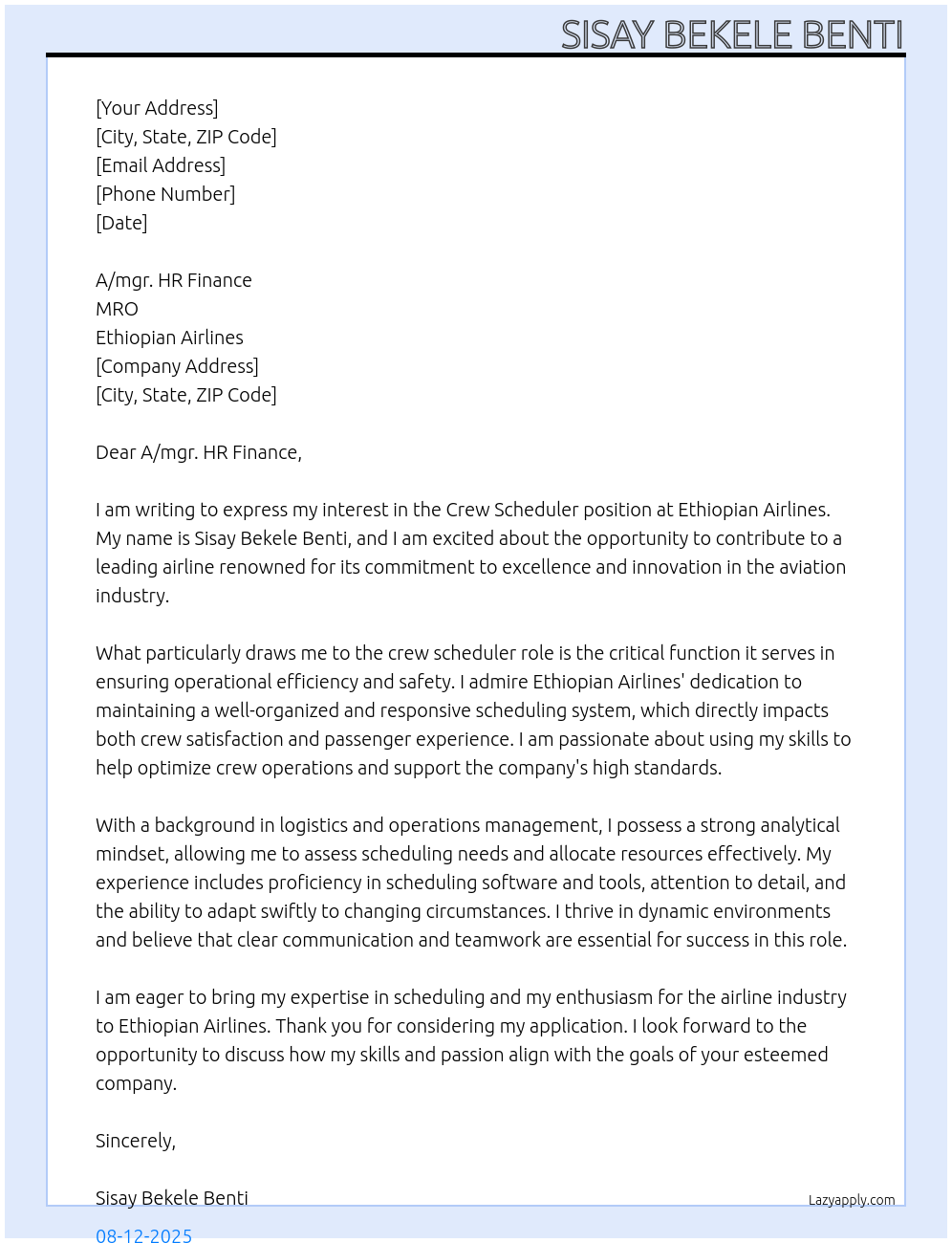 Cover letter for crew scheduler - LazyApply