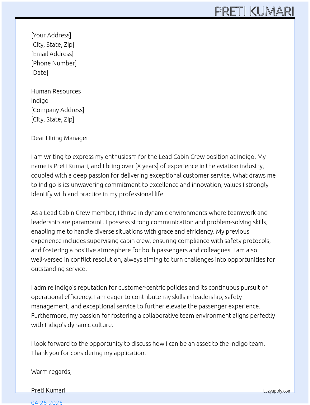 Cover letter for lead cabin crew - LazyApply