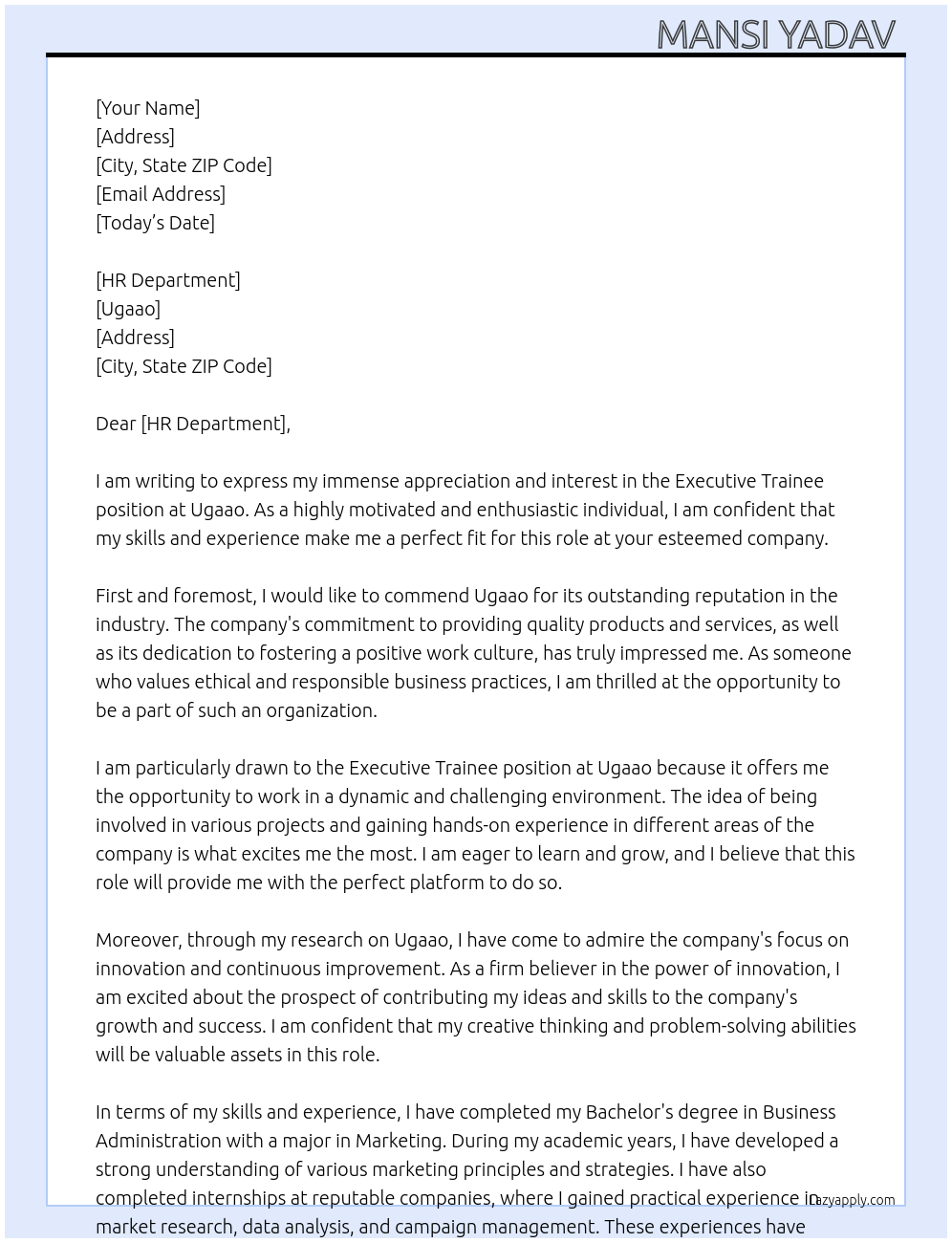 Cover letter for executive trainee - LazyApply