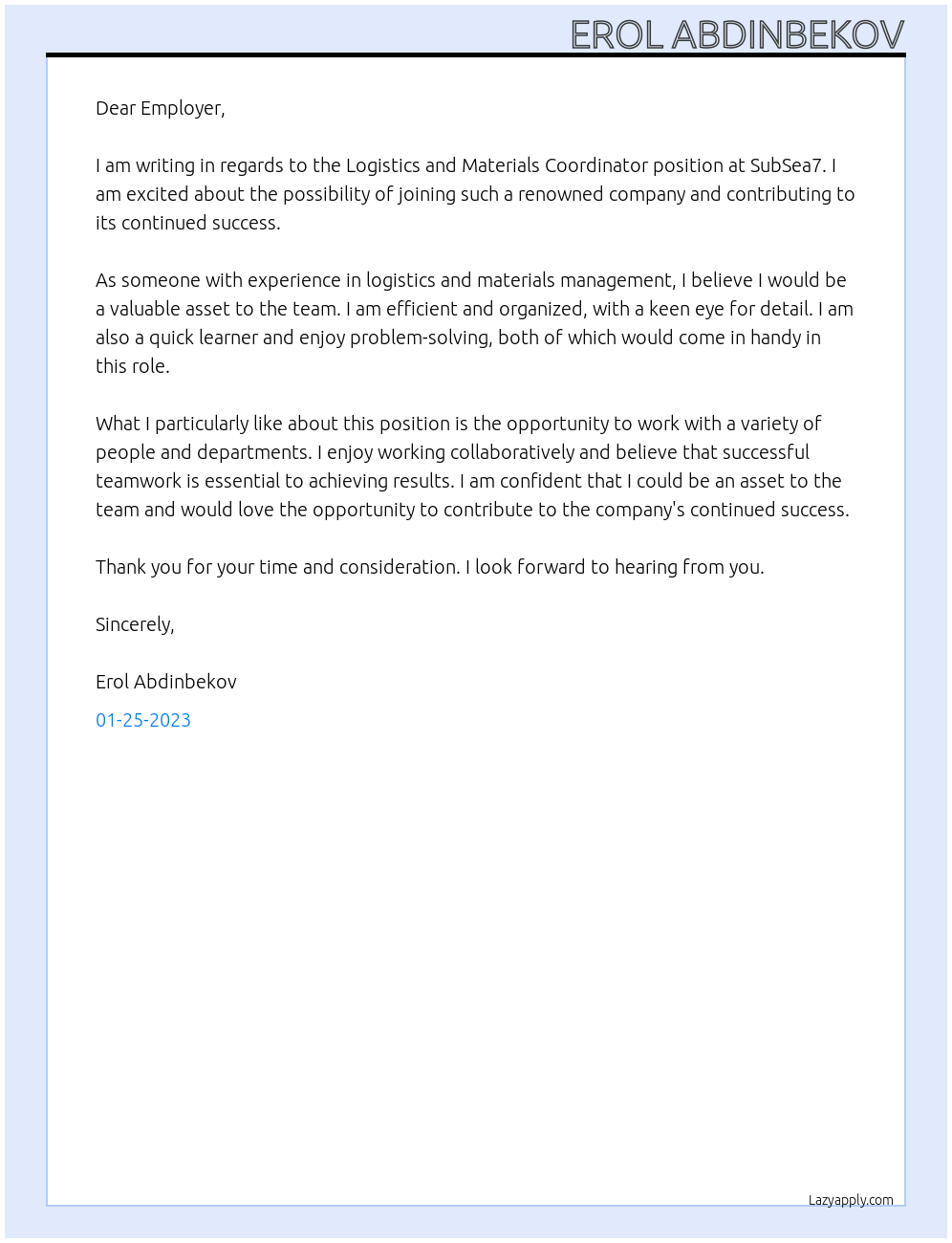 Cover Letter For Subsea7 LazyApply